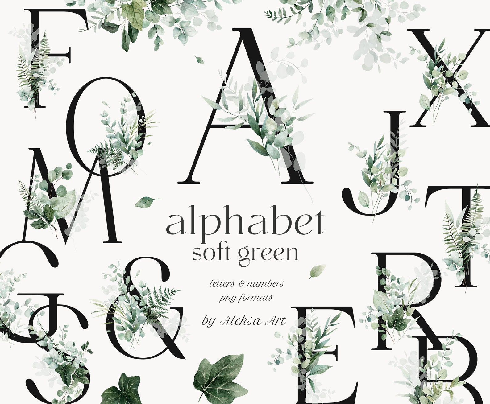 Watercolor Foliage Greenery Alphabet Clipart Letters and Numbers ...