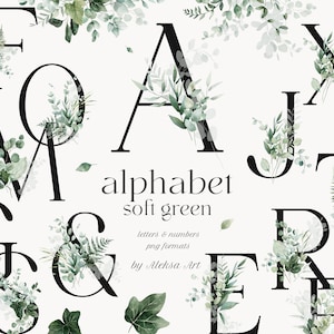 Watercolor Foliage Greenery Alphabet Clipart Letters and Numbers ...