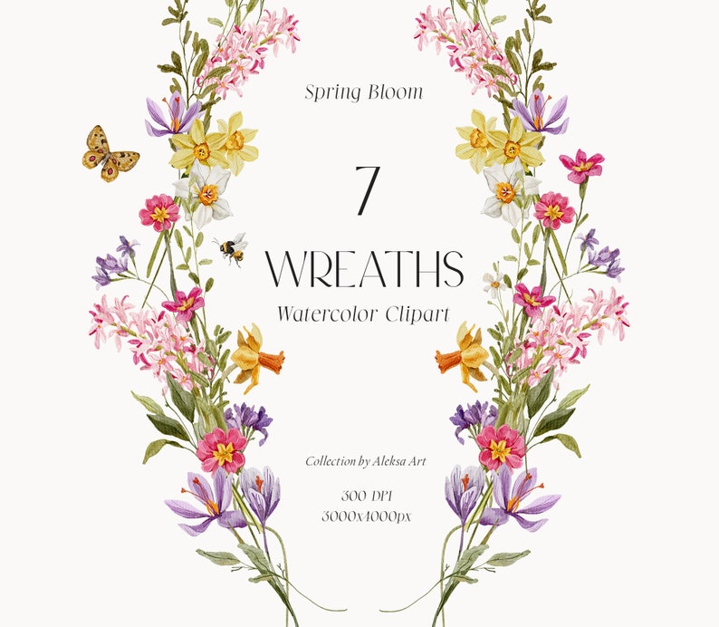 Spring Floral Wreath Clipart Watercolor Butterflies Spring Bright ...