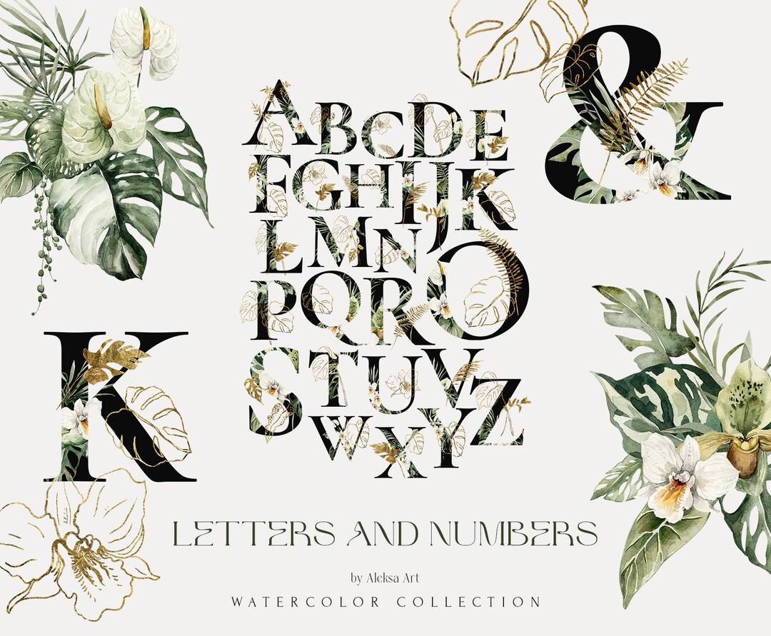 Tropical Alphabet & Numbers Watercolor Clipart Tropical Flowers and ...