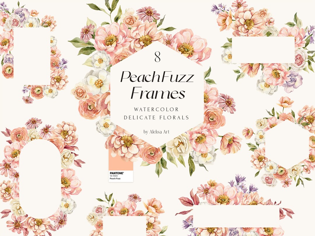 Peach Fuzz Florals Frames Clipart Watercolor Pink Florals Bouquets ...