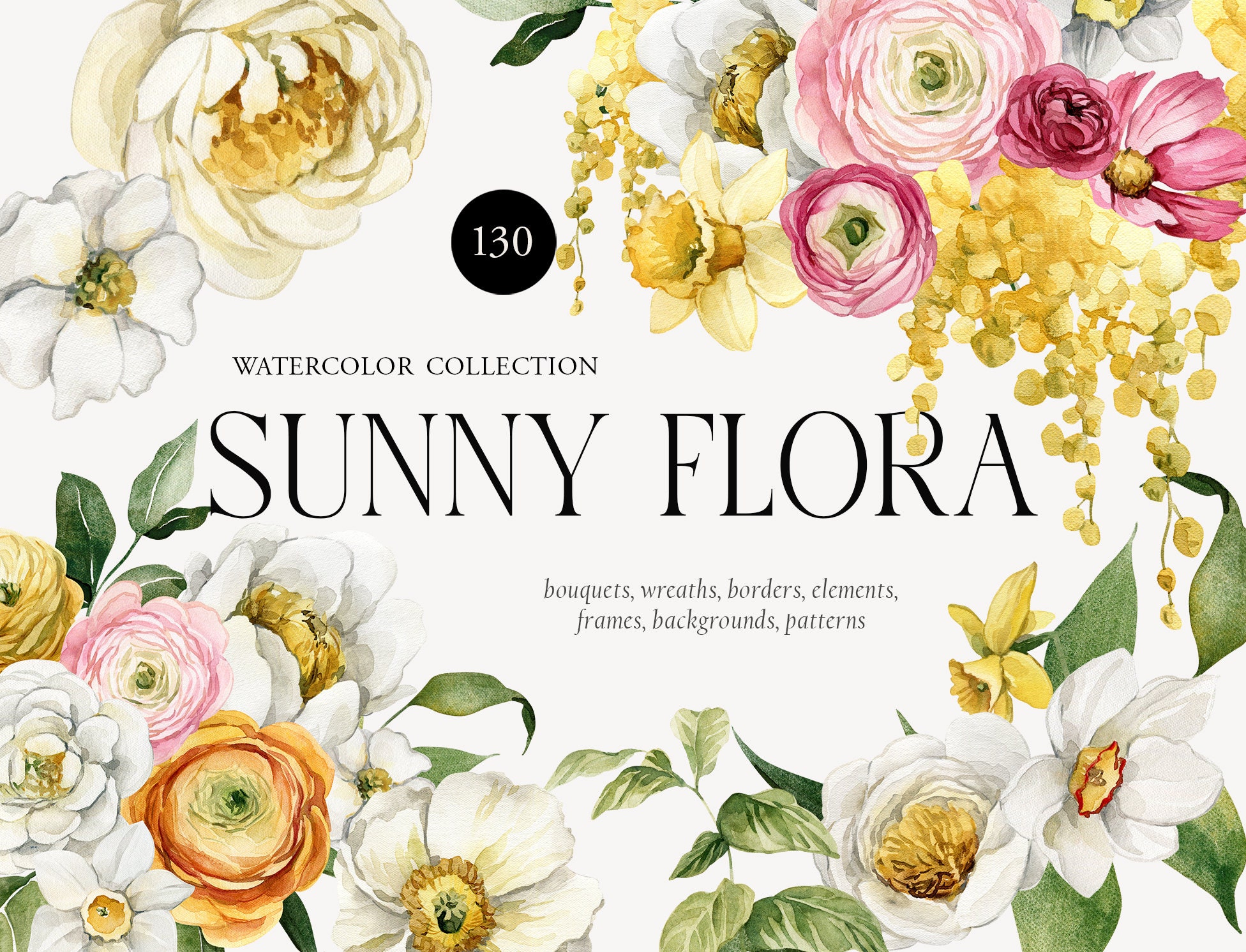 Spring Flowers Clipart Bright Watercolor Floral Elements Png Sunny ...