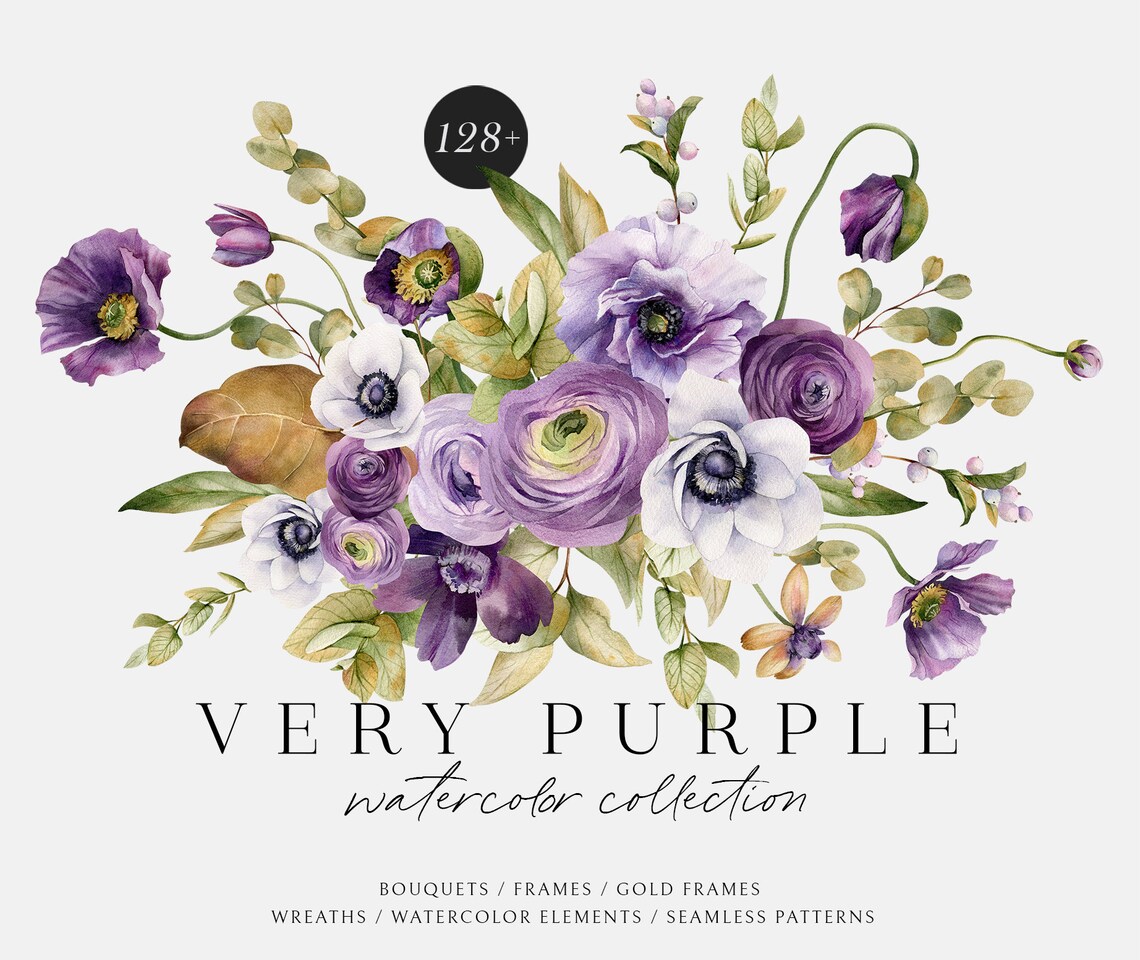 Watercolor Purple Flowers Clip Art Collection Bouquets Lilac Flowers ...