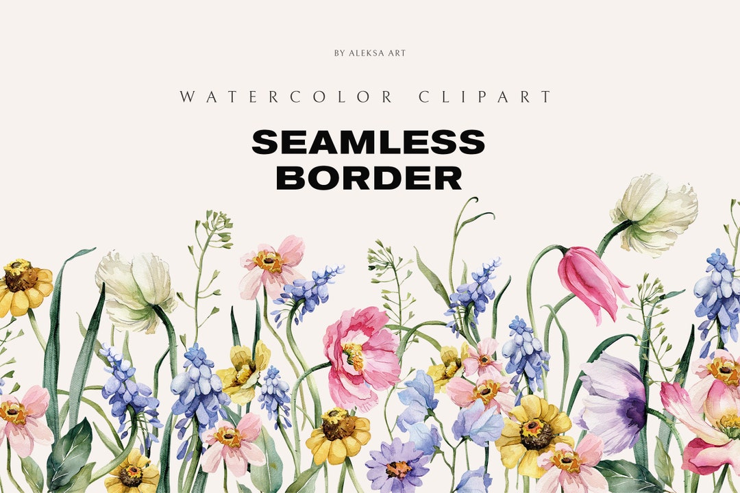 Spring Flowers Border Clipart Watercolor Delicate Flowers Seamless ...