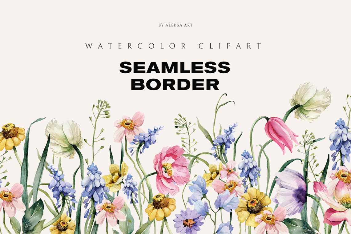 Spring Flowers Border Clipart Watercolor Delicate Flowers Seamless ...