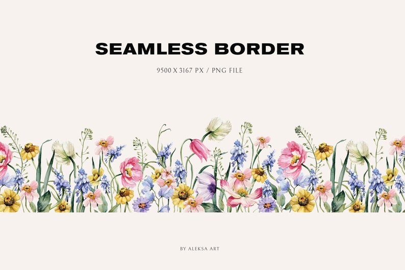 Spring Flowers Border Clipart Watercolor Delicate Flowers Seamless ...