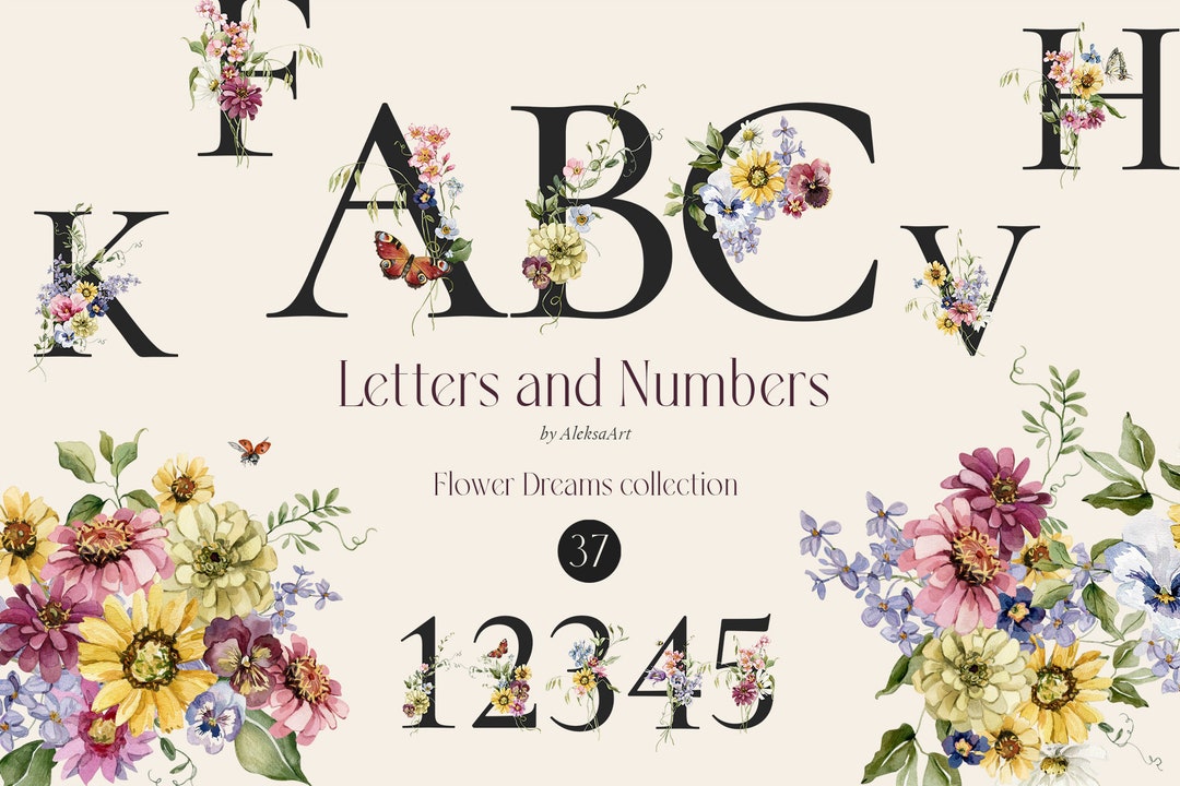 Wildflowers Alphabet & Numbers Watercolor Clipart Summer Florals ...