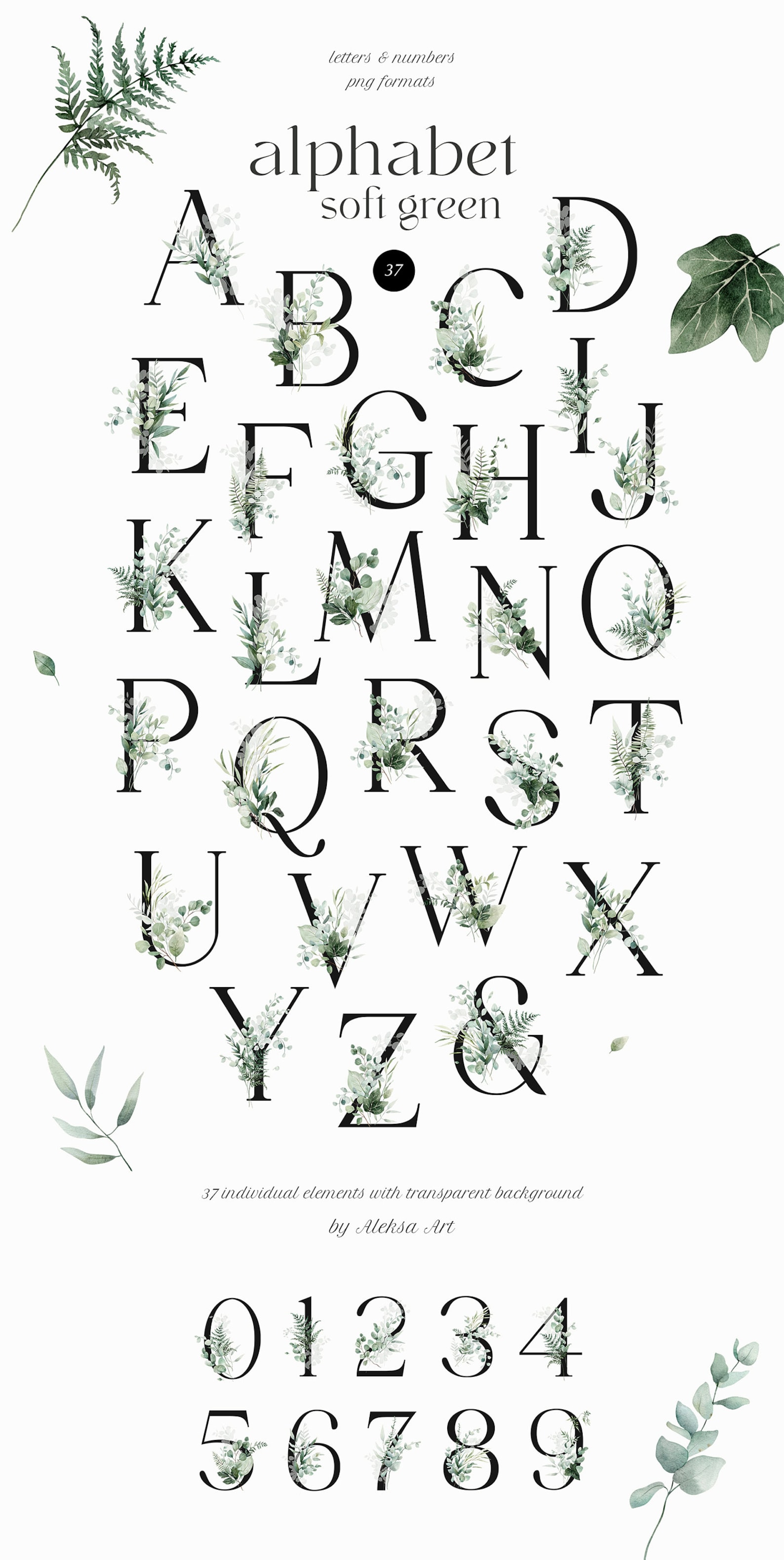 Watercolor Foliage Greenery Alphabet Clipart Letters and Numbers ...