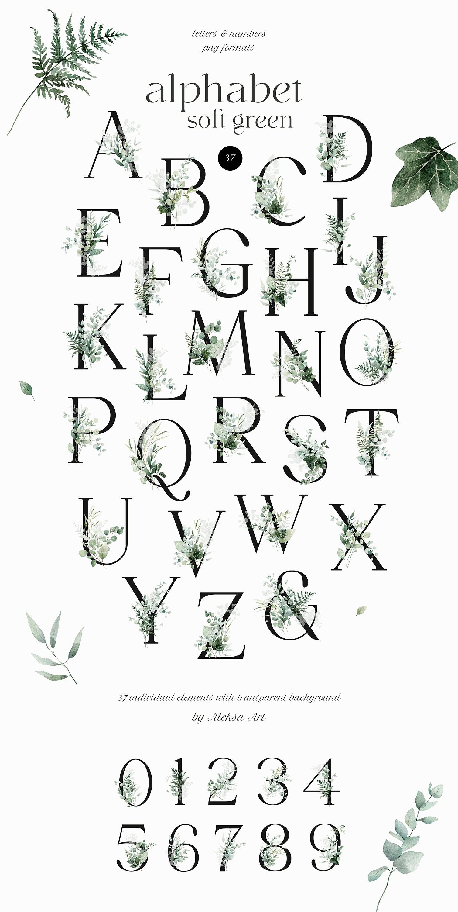 Watercolor Foliage Greenery Alphabet Clipart Letters and Numbers ...