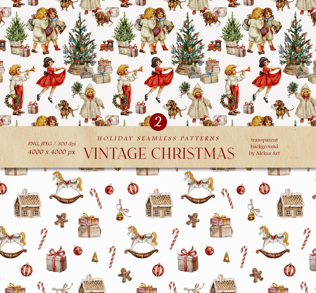 Vintage Christmas Digital Papers - Holiday Watercolor Pattern, Vintage ...