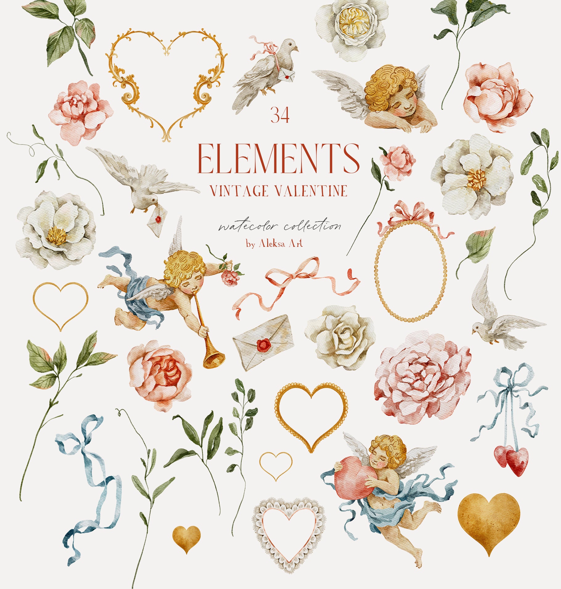 Watercolor Vintage Valentines Day Clipart Floral Elements DIY Dusty ...
