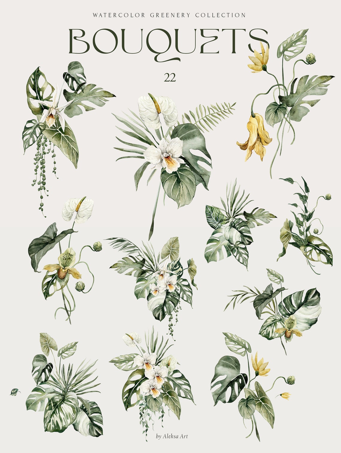 Tropical Flowers and Leaves Watercolor Clipart - Exotic Summer Bouquets ...