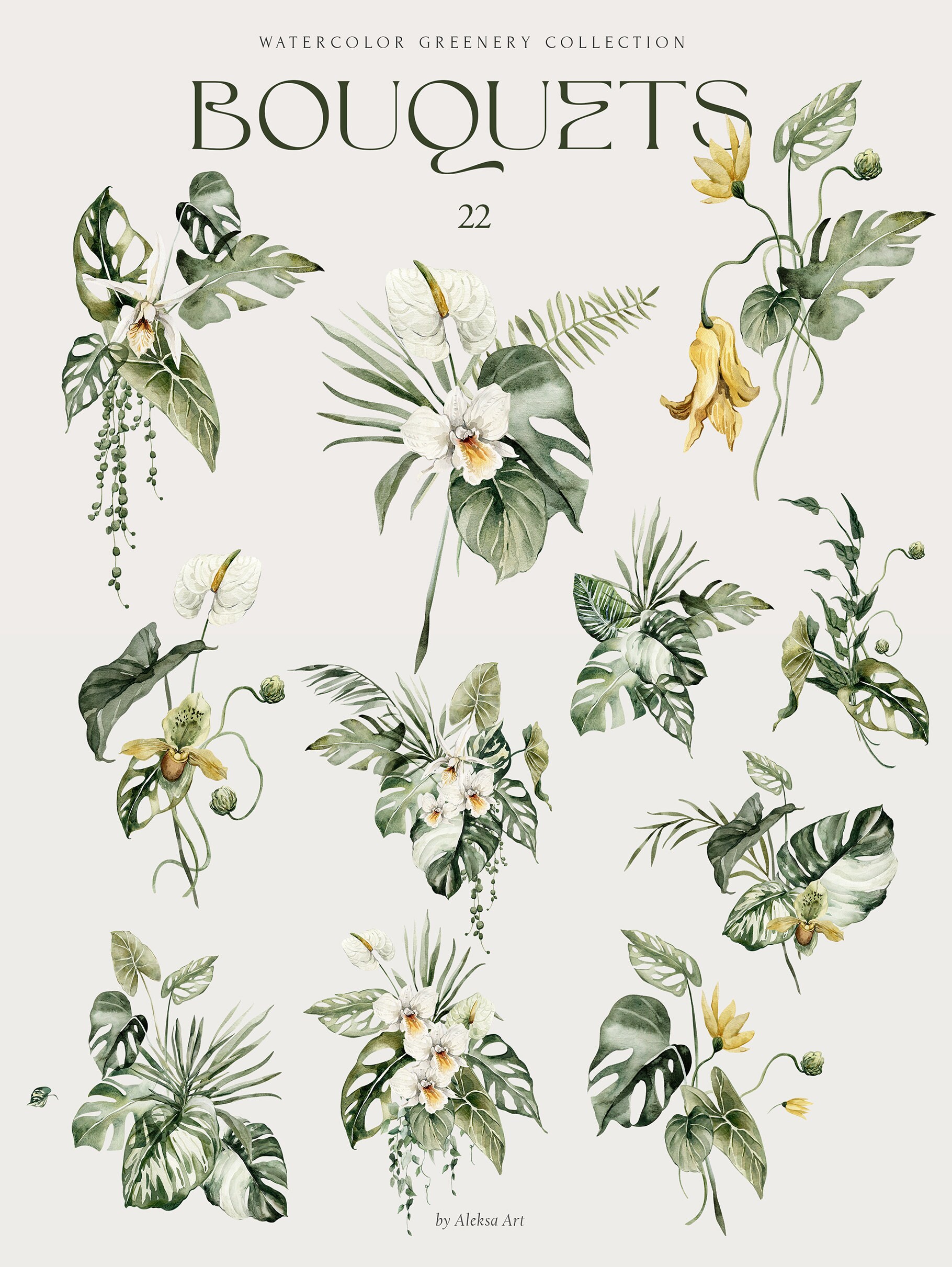 Tropical Flowers and Leaves Watercolor Clipart Exotic Summer Bouquets ...