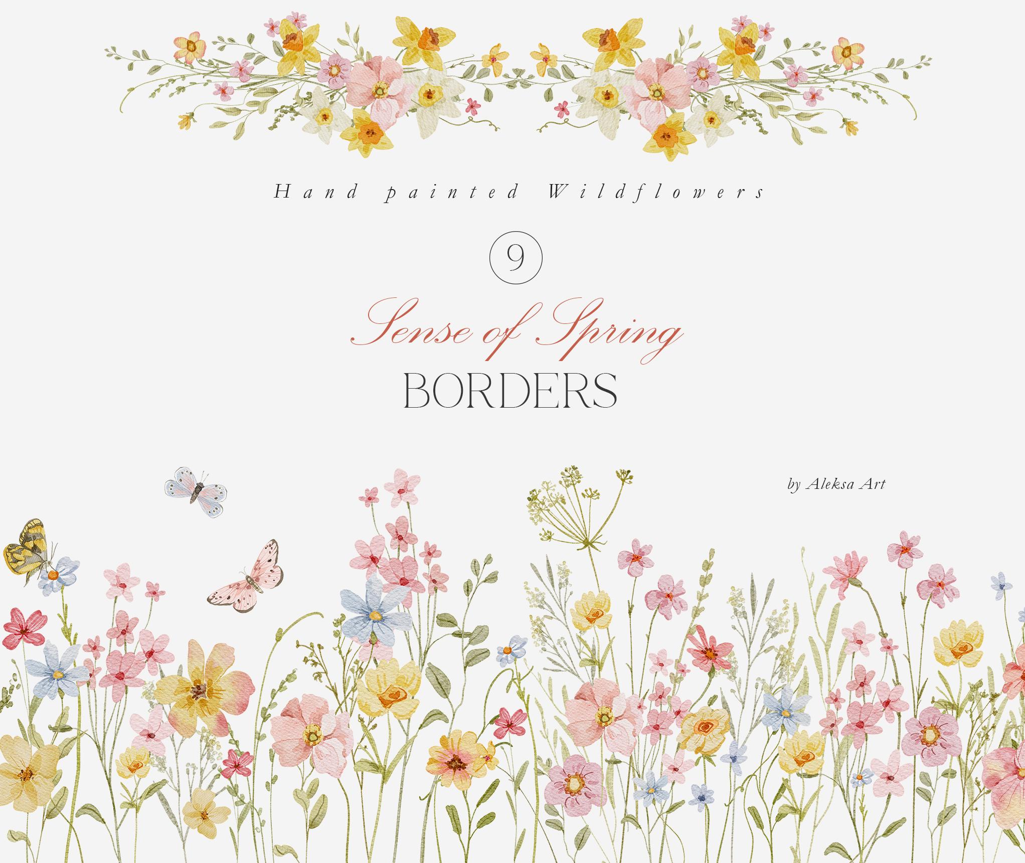 Watercolor Wild Flower Collection of Spring Borders - Wild Flowers Art ...