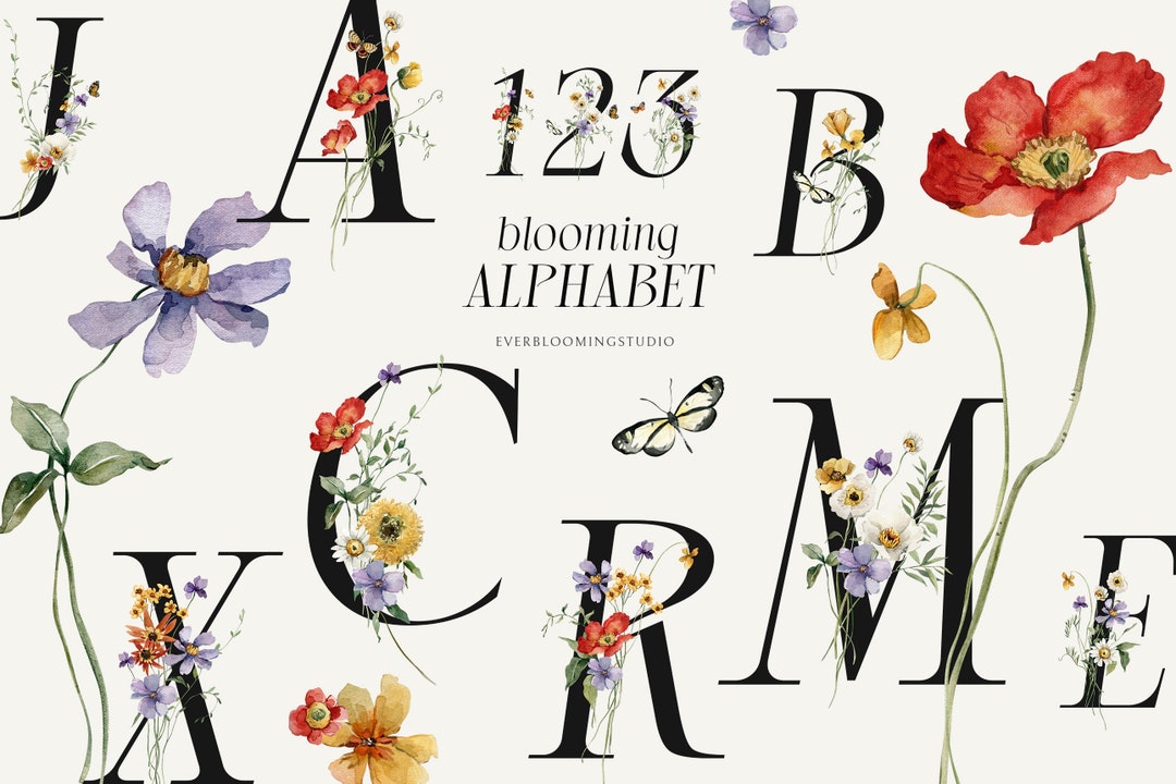 Floral Alphabet Clipart Summer Numbers Watercolor Tiny Floral - Etsy
