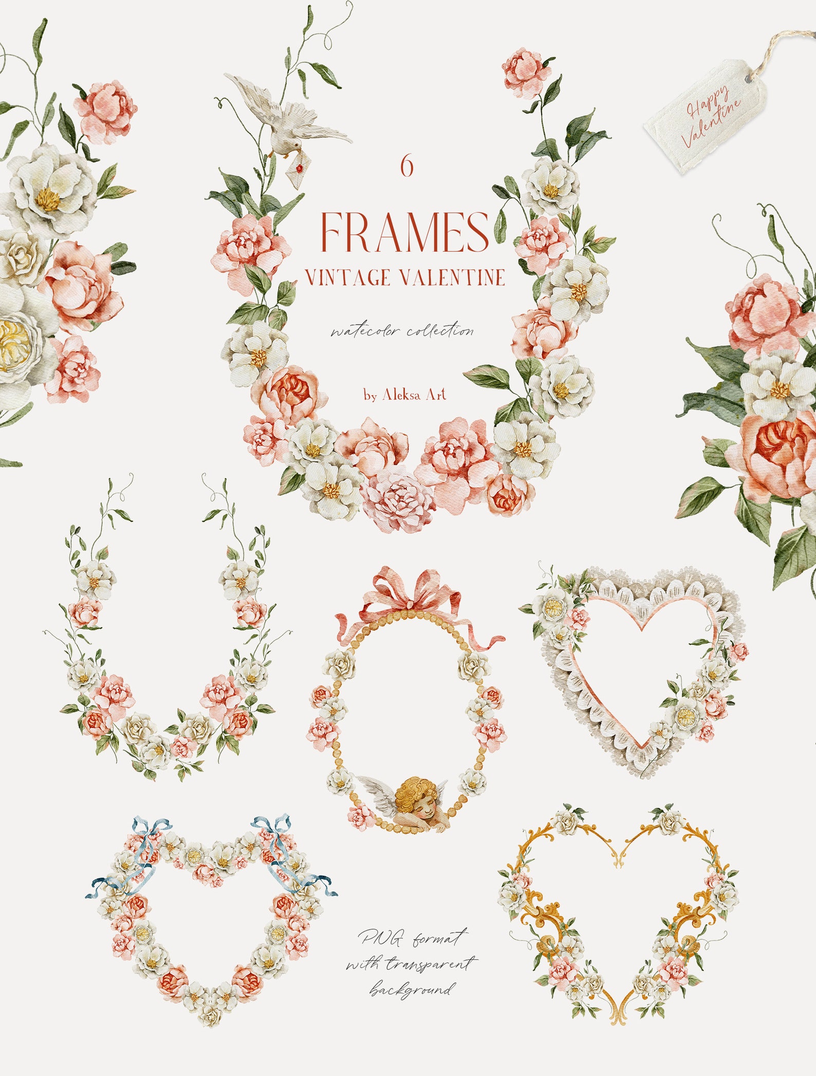 Watercolor Vintage Valentines Day Clipart Flowers Heart Dusty Roses ...