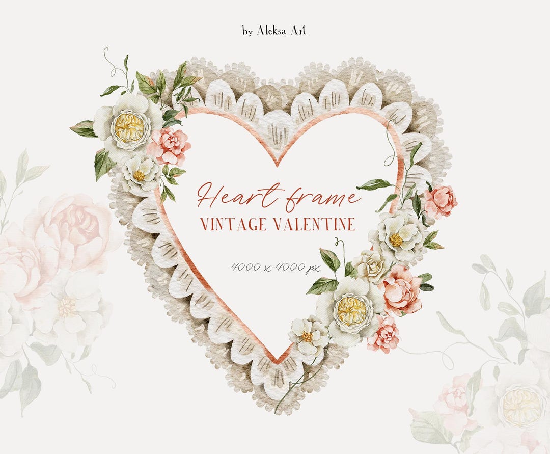 Vintage Valentine's Day Heart Frame Clipart Watercolor Botanical Frame ...