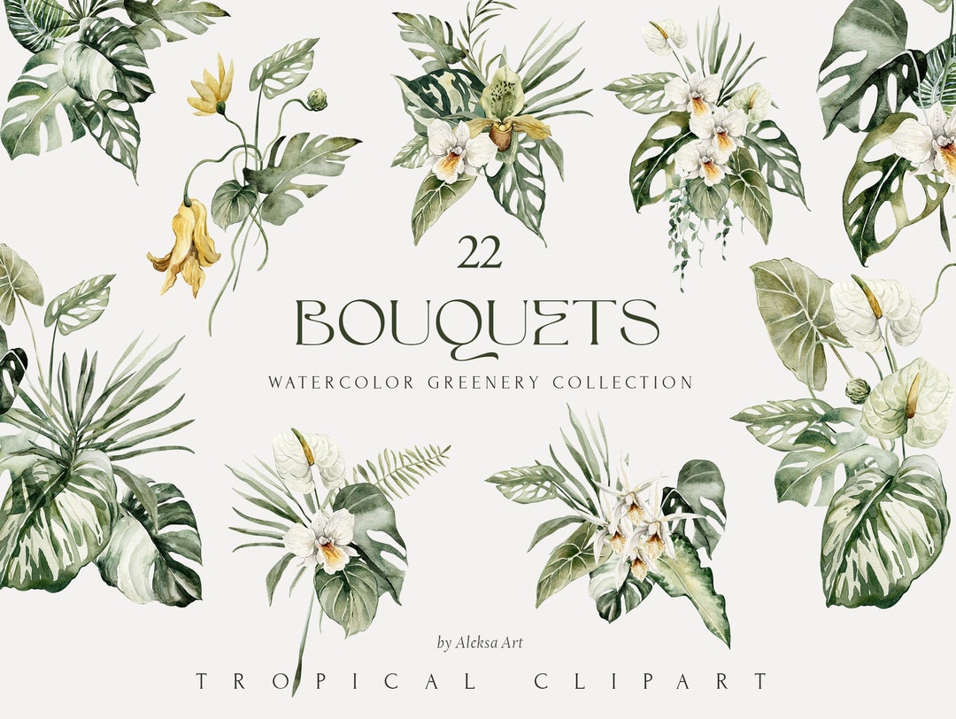 Tropical Flowers and Leaves Watercolor Clipart - Exotic Summer Bouquets ...