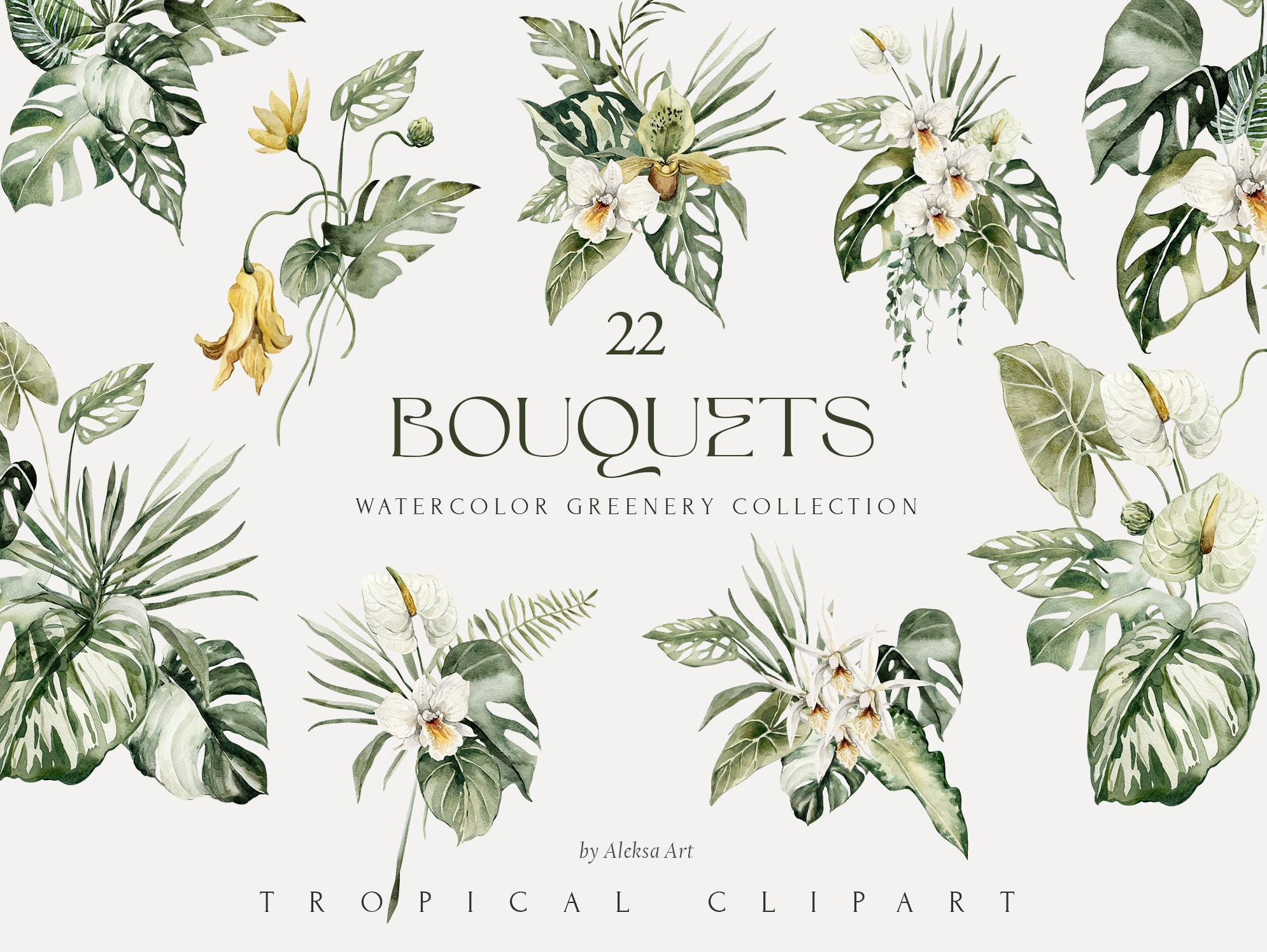 Tropical Flowers and Leaves Watercolor Clipart Exotic Summer Bouquets ...