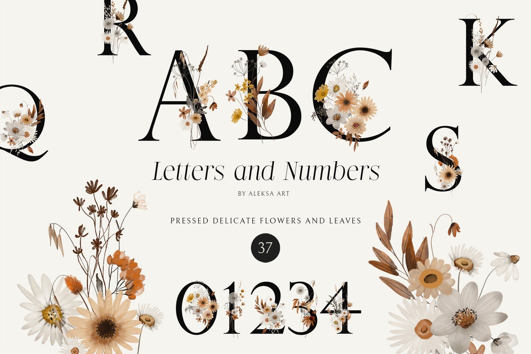 Autumn Alphabet Watercolor Clipart Season Pressed Flowers Letters Fall ...