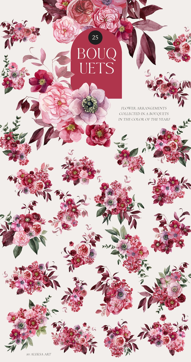 Watercolor Flowers Clip Art Collection Red and Pink Flowers Bouquets ...