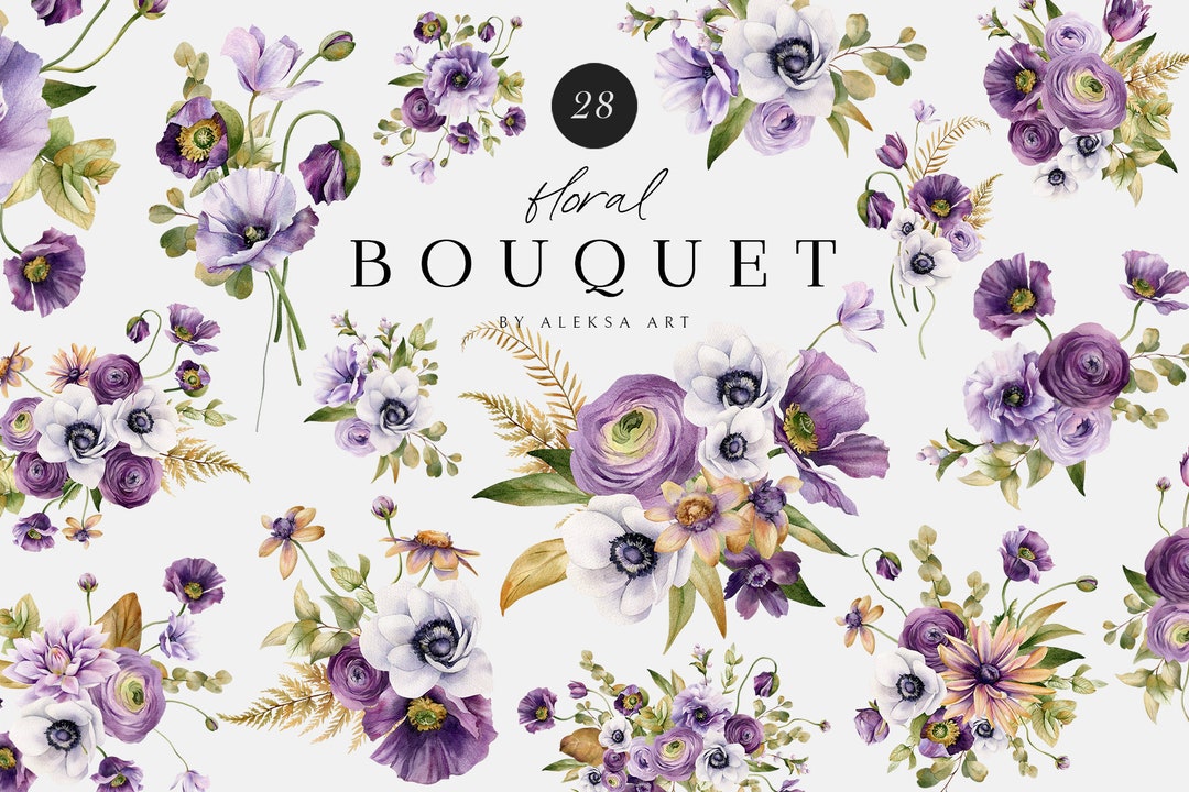 Watercolor Purple Bouquet Clipart Lilac Flowers Composition Floral ...