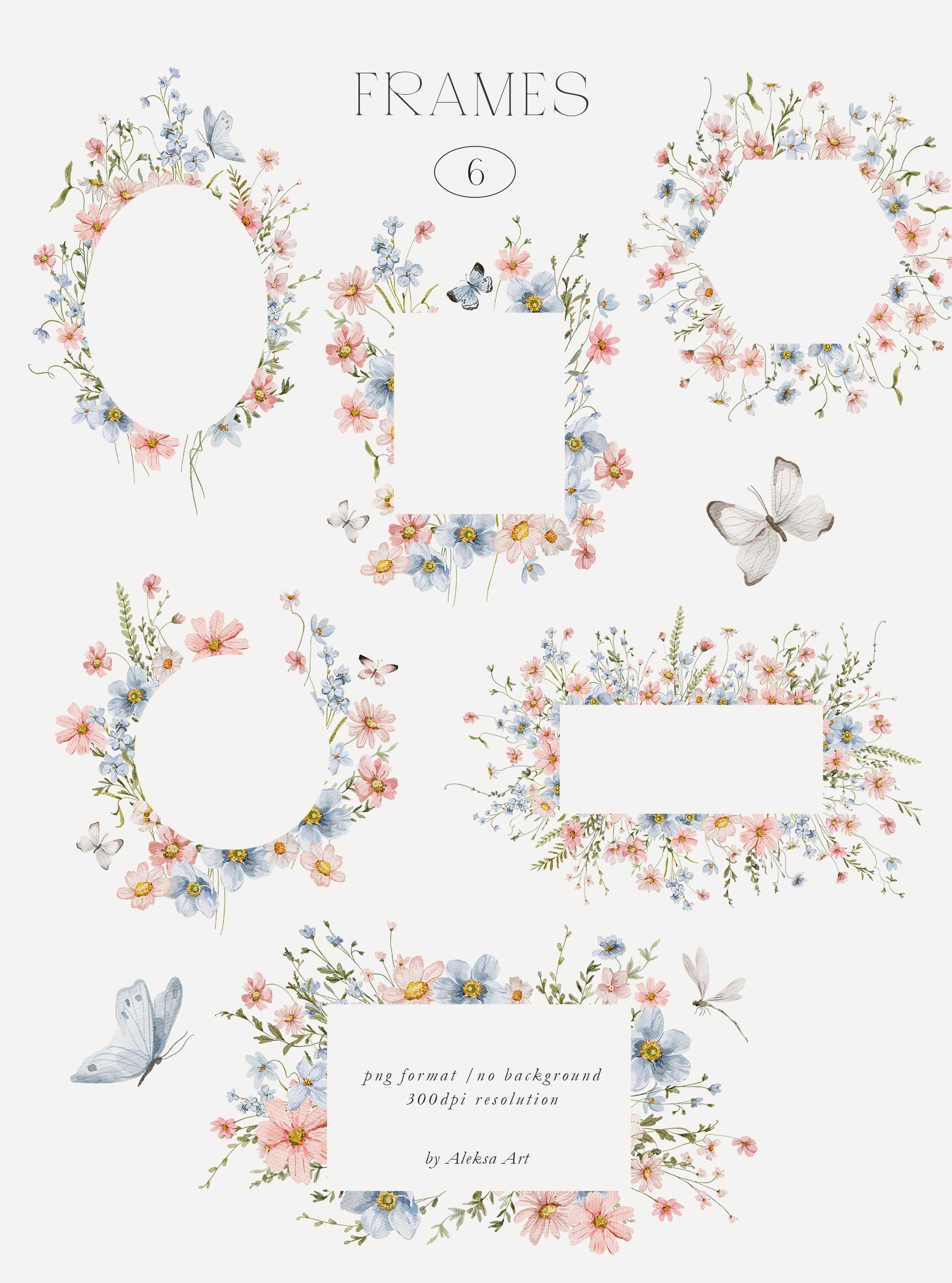 Watercolor Wildflower Frames Clipart Delicate Flowers Blue Pink Baby ...