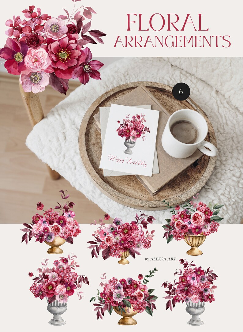 Watercolor Magenta Bouquet Clipart Pink Flowers Composition Christmas ...