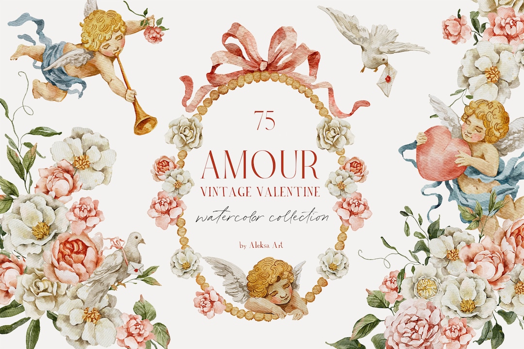 Watercolor Vintage Valentines Day Clipart Flowers Heart Dusty Roses ...