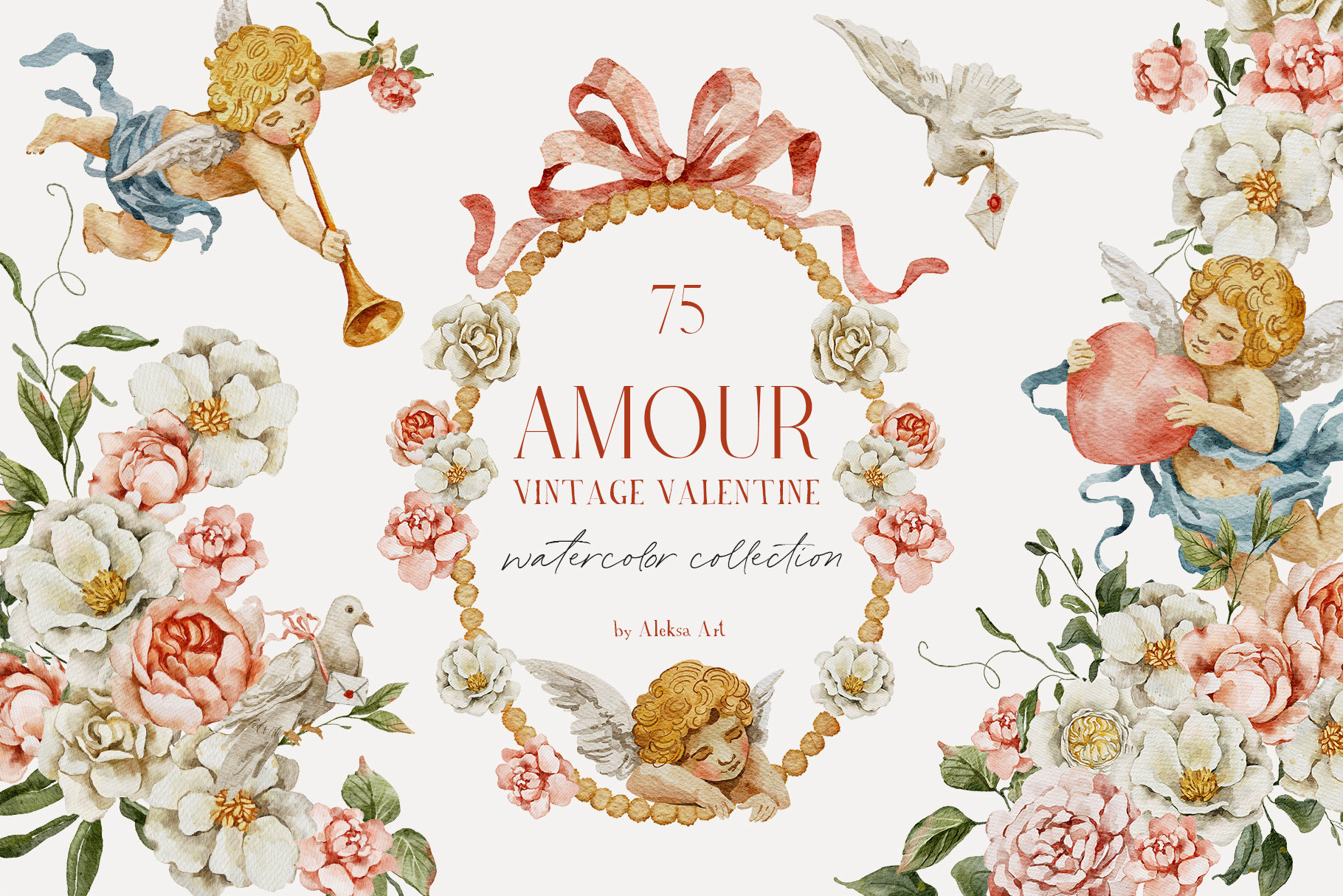 Watercolor Vintage Valentines Day Clipart Flowers Heart Dusty Roses ...