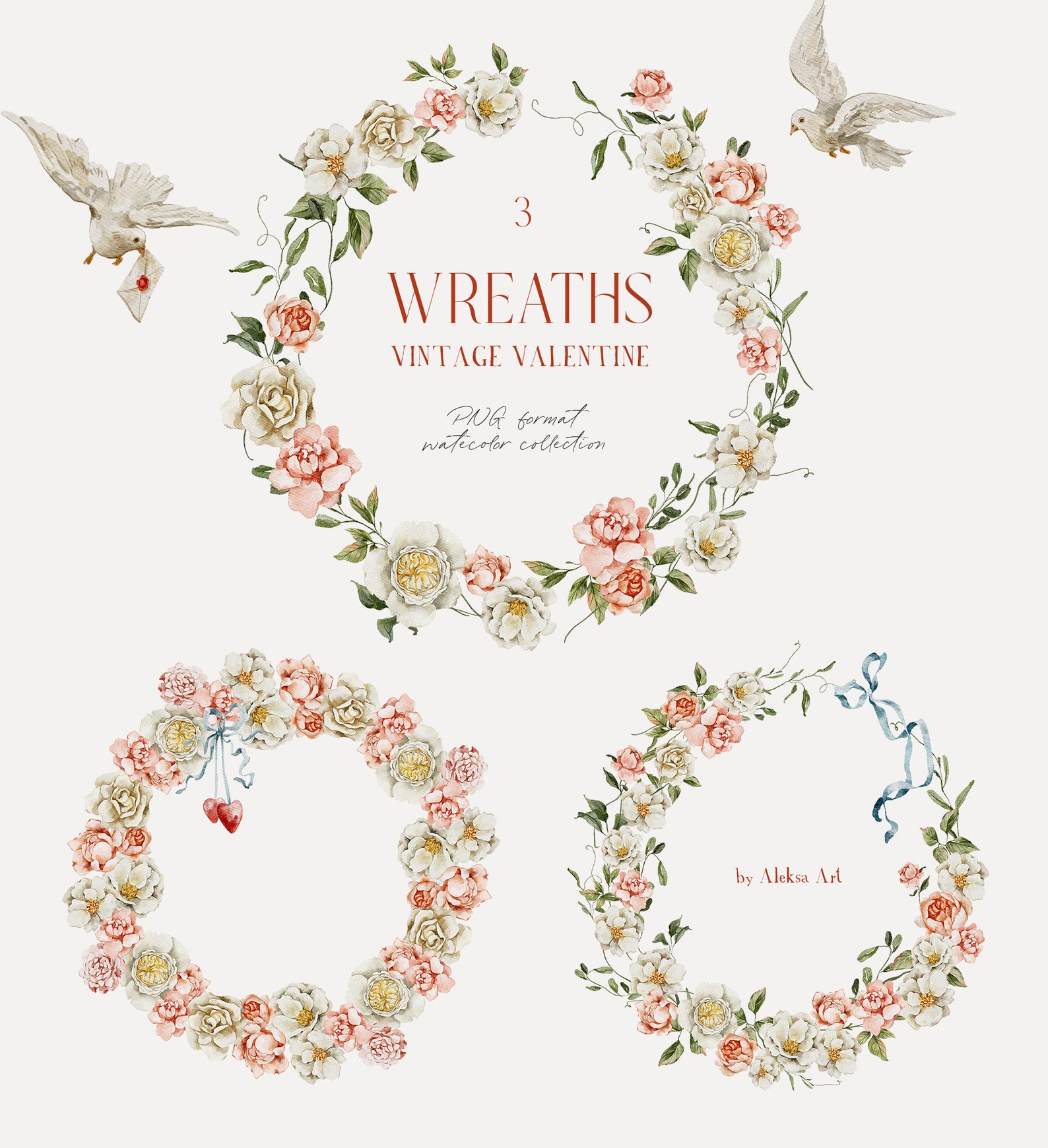 Watercolor Vintage Valentines Day Clipart Flowers Heart Dusty Roses ...