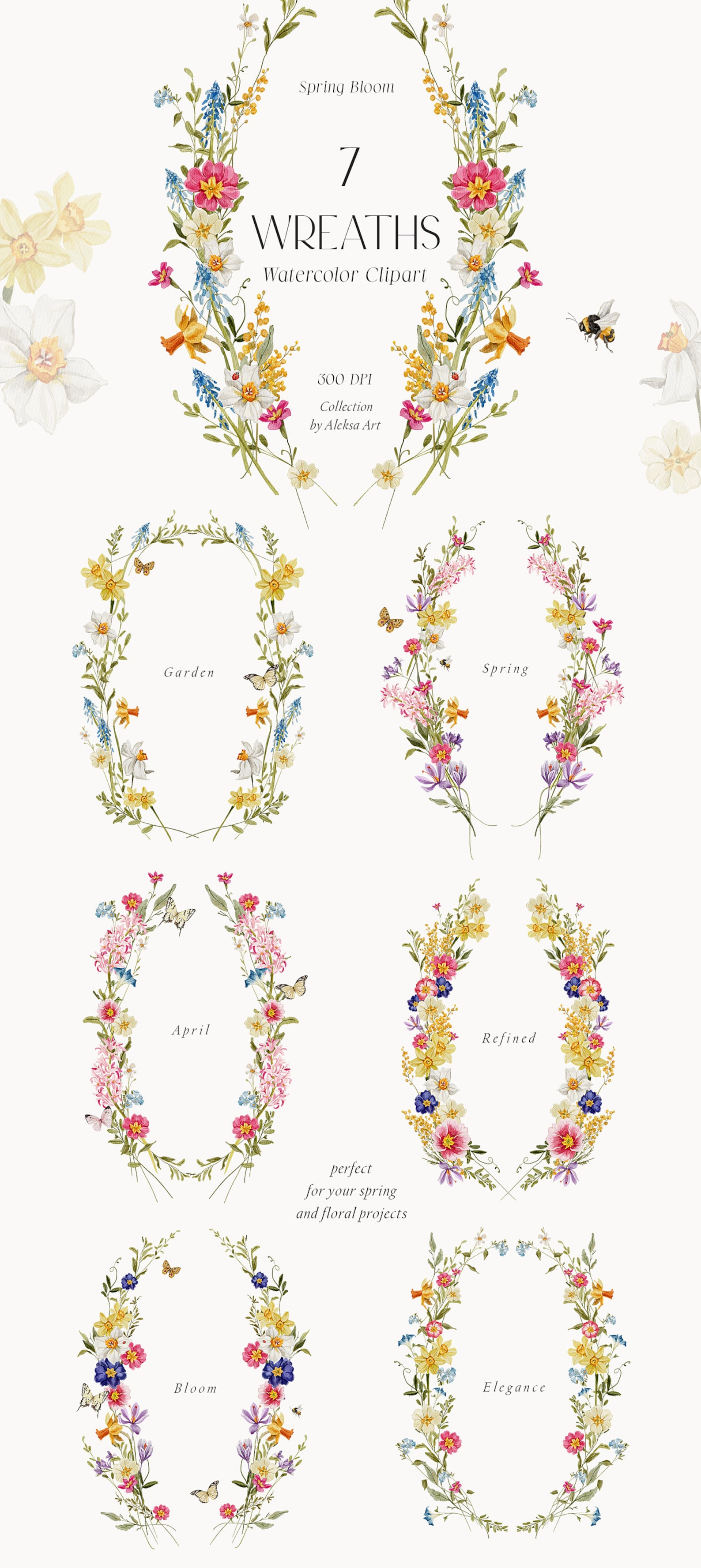 Spring Floral Wreath Clipart Watercolor Butterflies Spring Bright ...