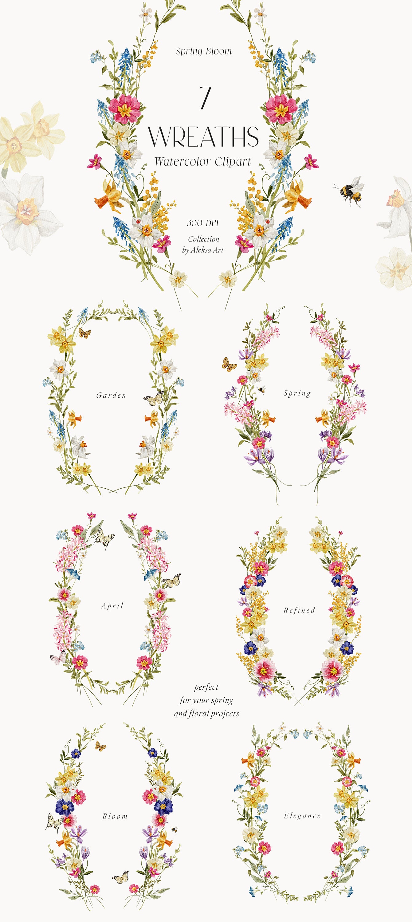Spring Floral Wreath Clipart Watercolor Butterflies Spring Bright ...