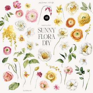 Spring Flowers Clipart Bright Watercolor Floral Elements Png Sunny ...