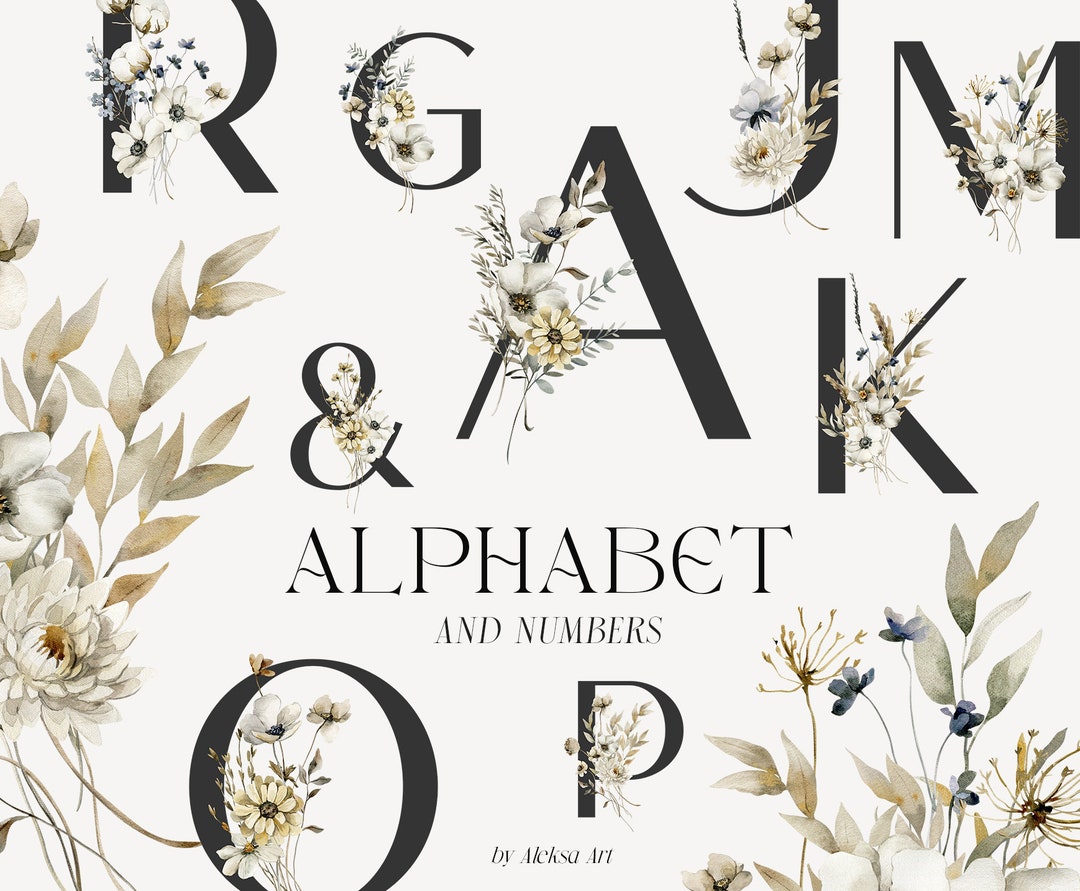 Watercolor Floral Alphabet and Numbers Clipart Tiny Floral Letters ...