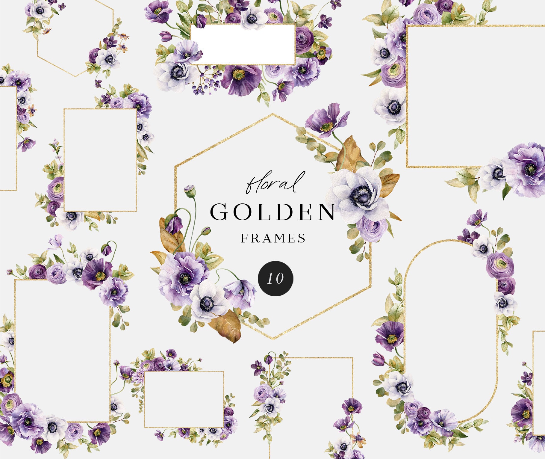 Gold Floral Frames Watercolor Clipart Purple Flowers Gold Geometric ...