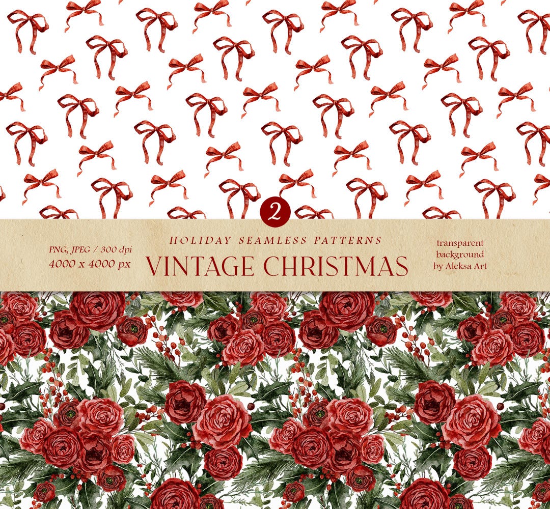 Vintage Christmas Digital Papers - Holiday Seamless Pattern, Red Bows ...