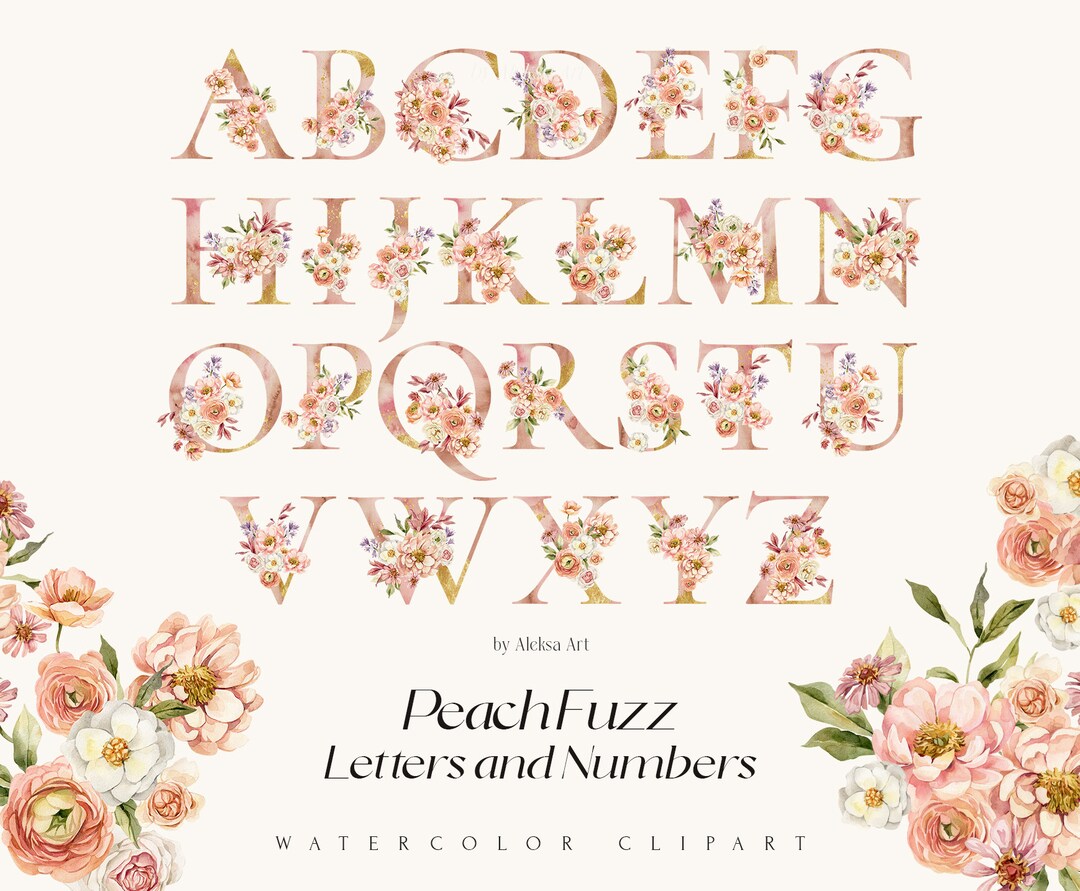 Peachy Floral Alphabet & Numbers Watercolor Clipart Pink Florals ...