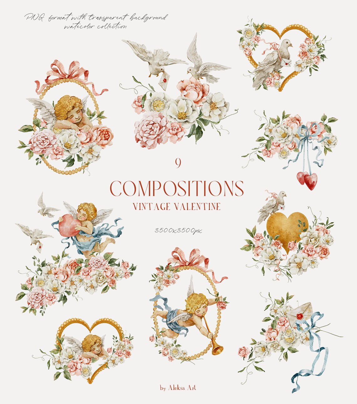 Watercolor Vintage Valentines Day Clipart Flowers Heart Dusty Roses ...