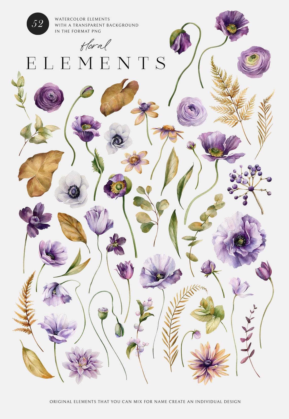 Watercolor Purple Flowers Clip Art Collection Bouquets Lilac Flowers ...
