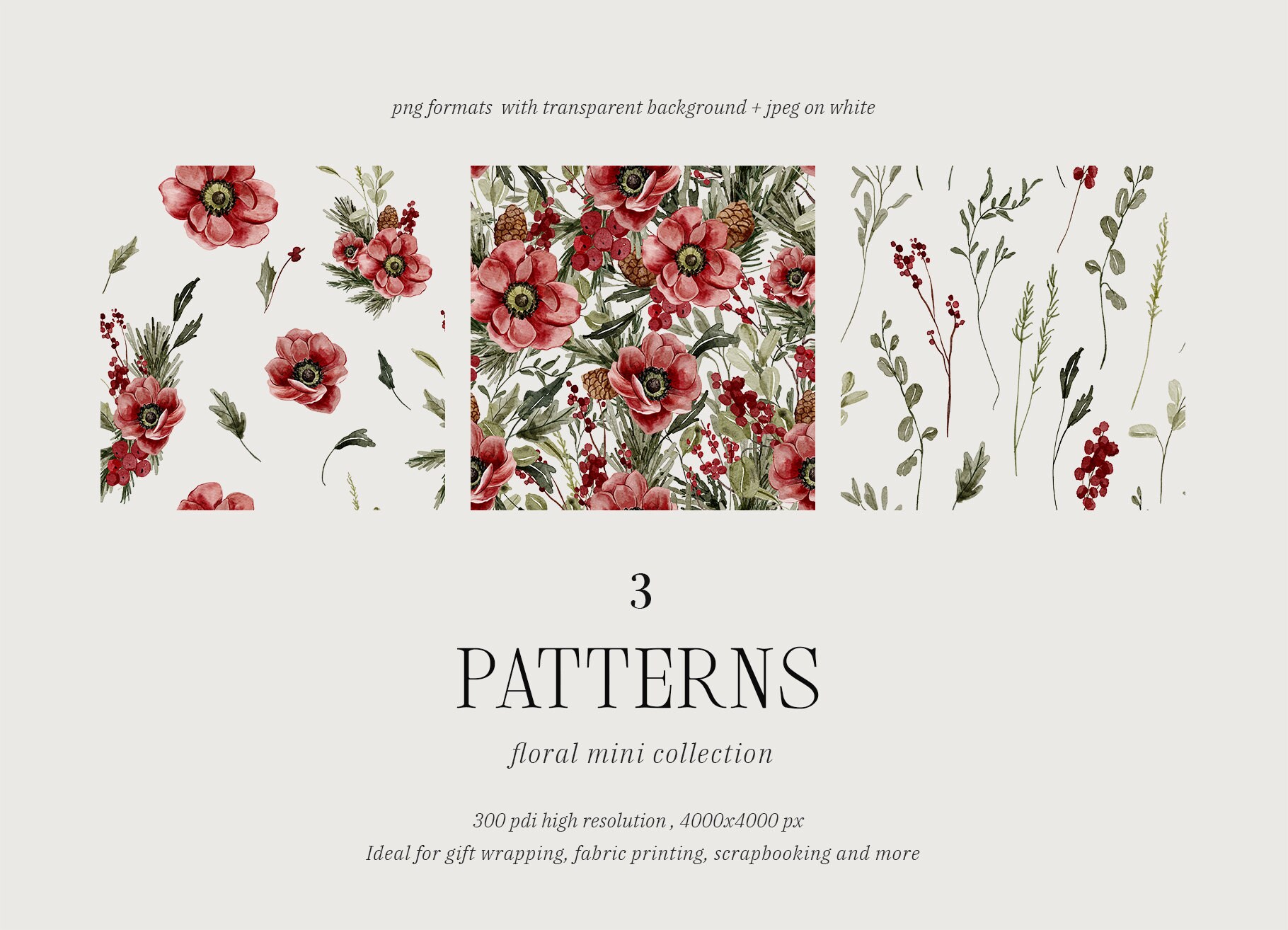 Watercolor Christmas Seamless Pattern Clip Art Winter Flowers Xmas ...