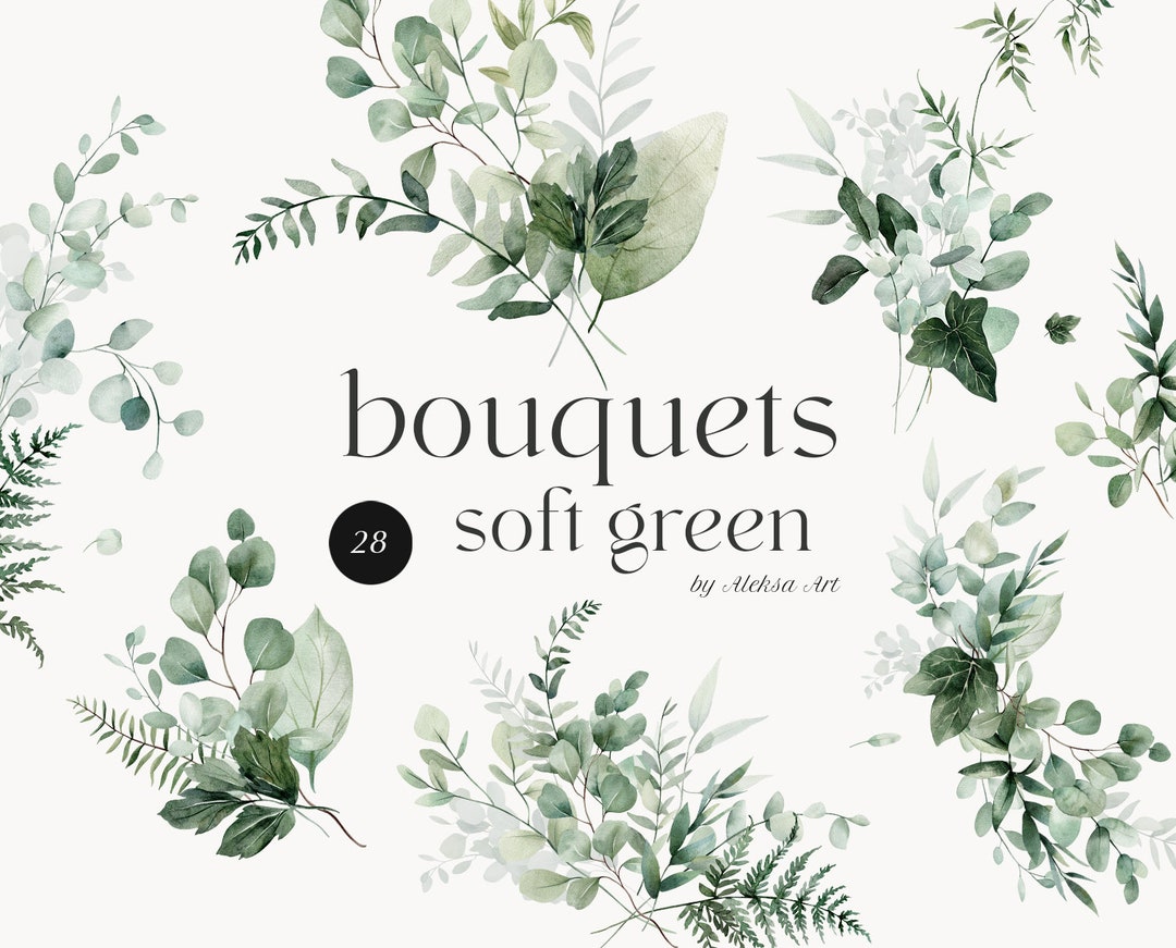 Watercolor Eucalyptus Green Foliage Bouquet Bright Emerald Floral ...
