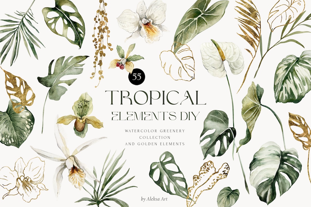 Tropical Flowers and Leaves Watercolor Clipart Set - Exotic Summer Gold ...