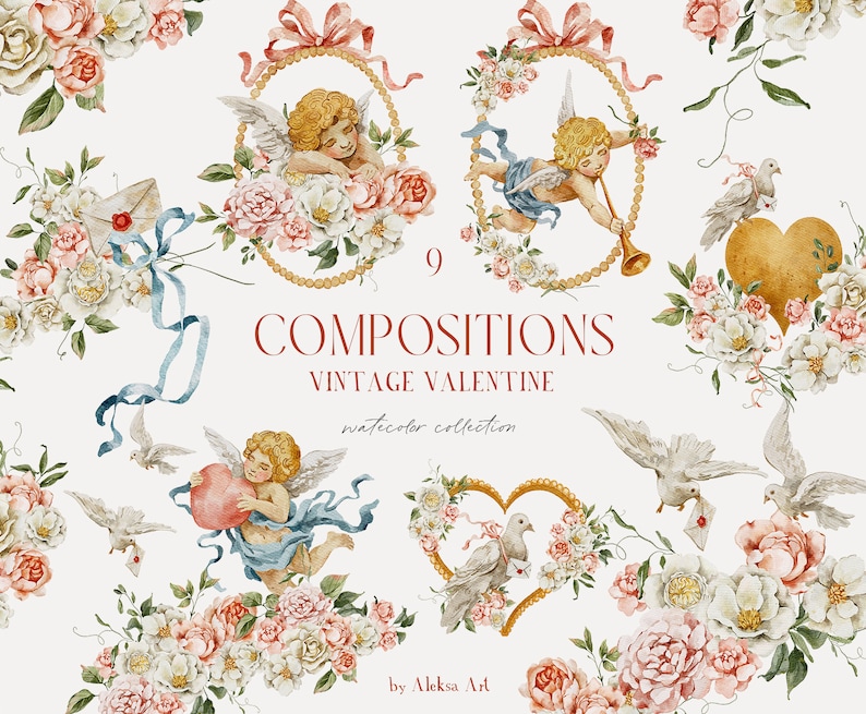 Watercolor Vintage Valentines Day Flowers Clipart Dusty Roses Antique ...