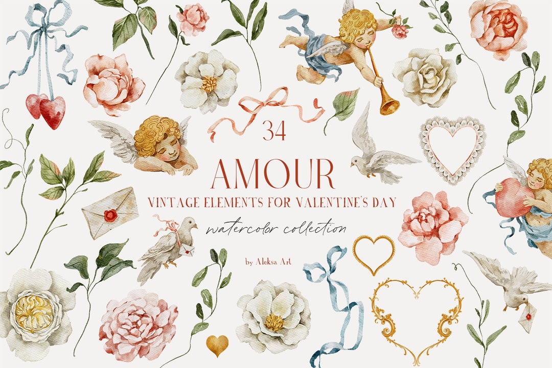 Watercolor Vintage Valentines Day Clipart Floral Elements DIY Dusty ...