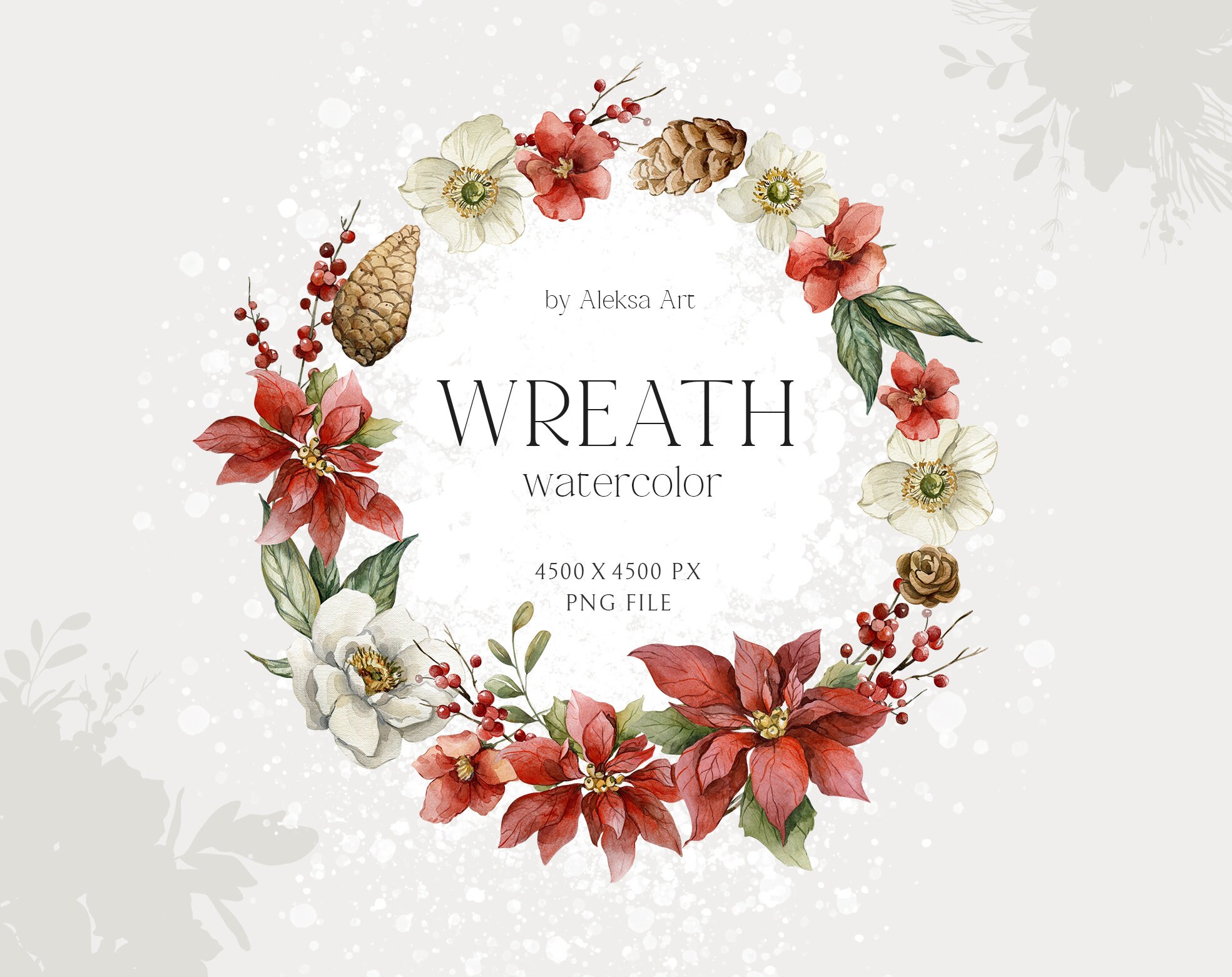 Christmas Wreath Clipart Watercolor Winter Frame Season Flowers Red ...