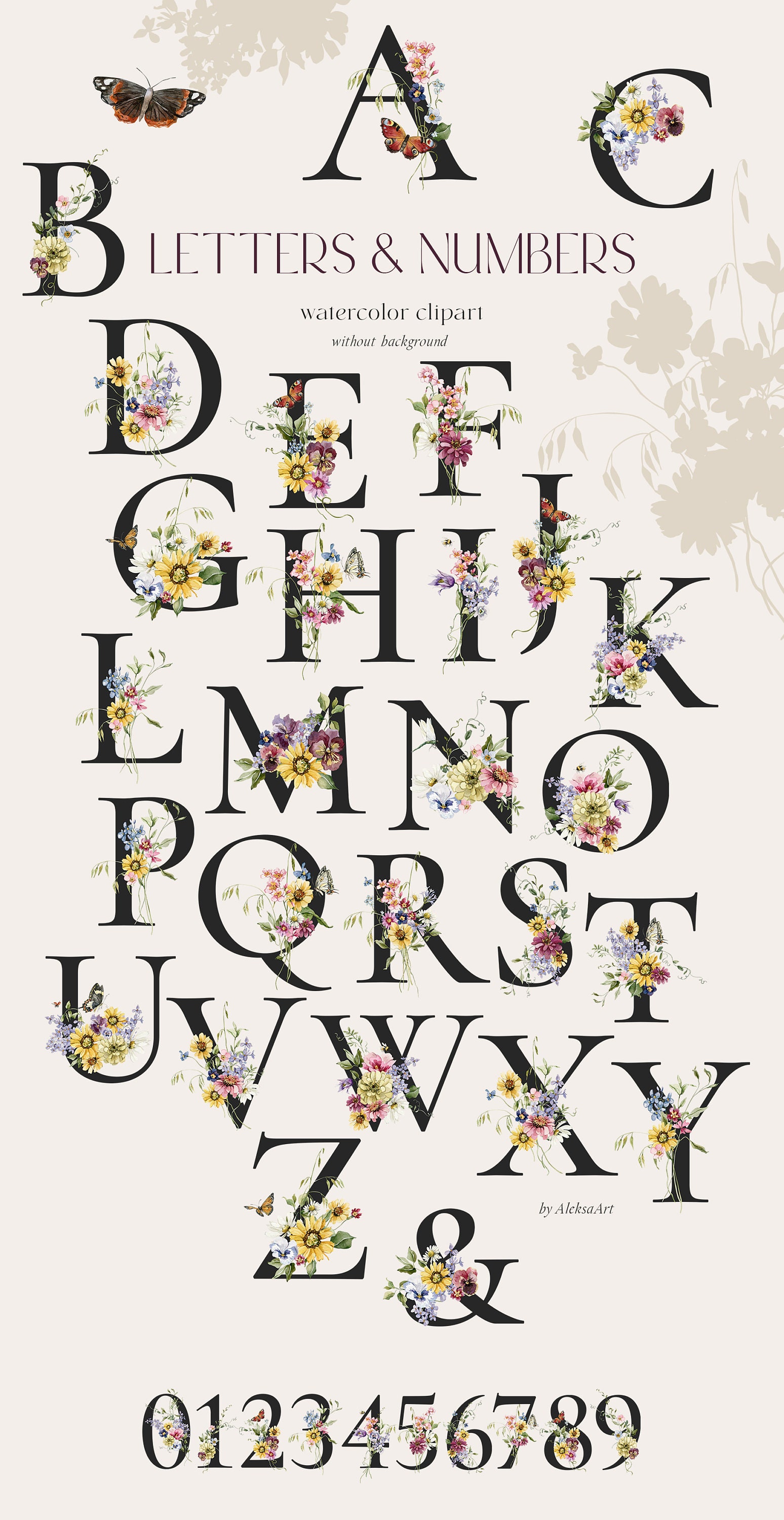 Wildflowers Alphabet & Numbers Watercolor Clipart Summer Florals ...
