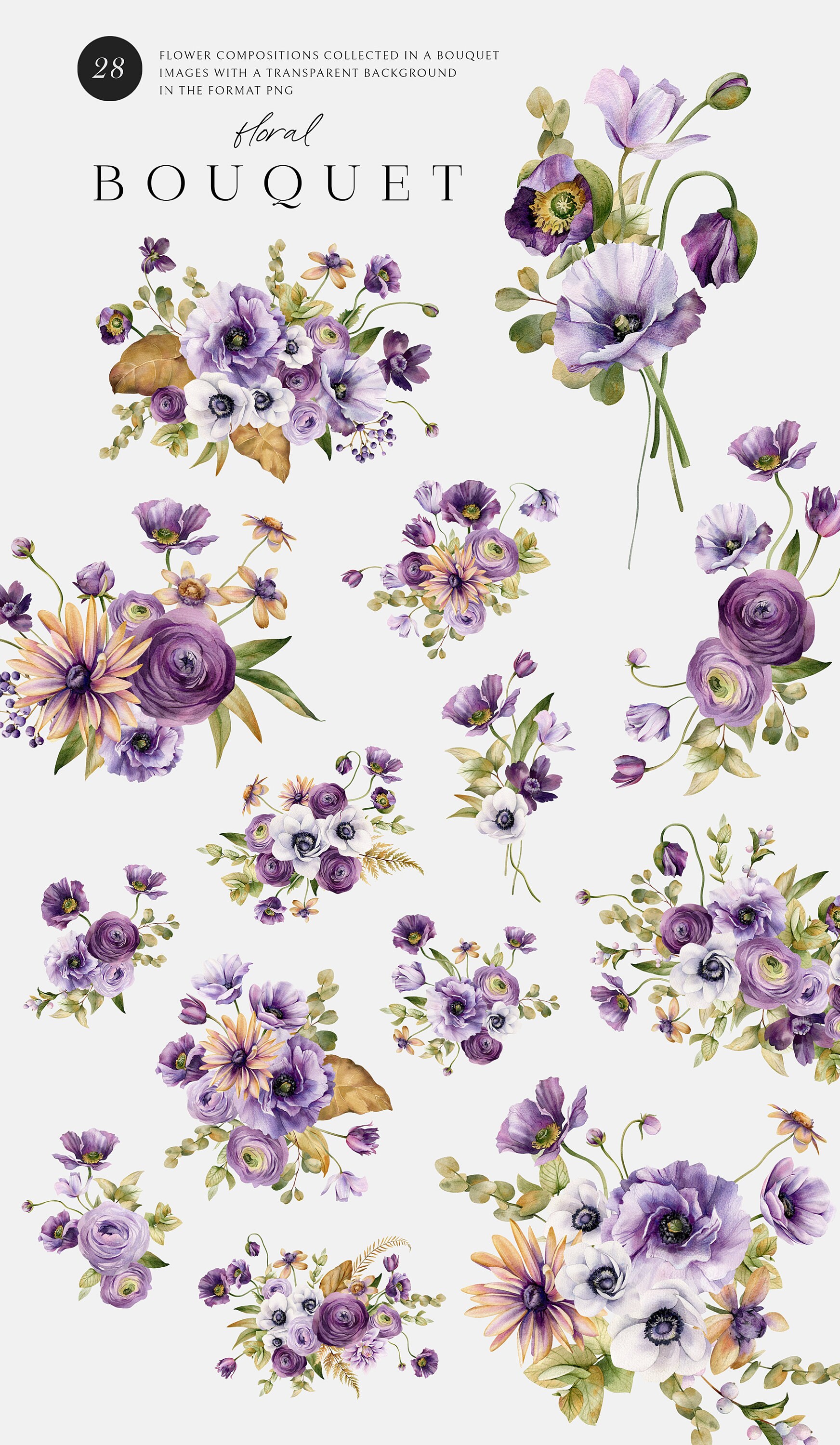 Watercolor Purple Flowers Clip Art Collection Bouquets Lilac Flowers ...
