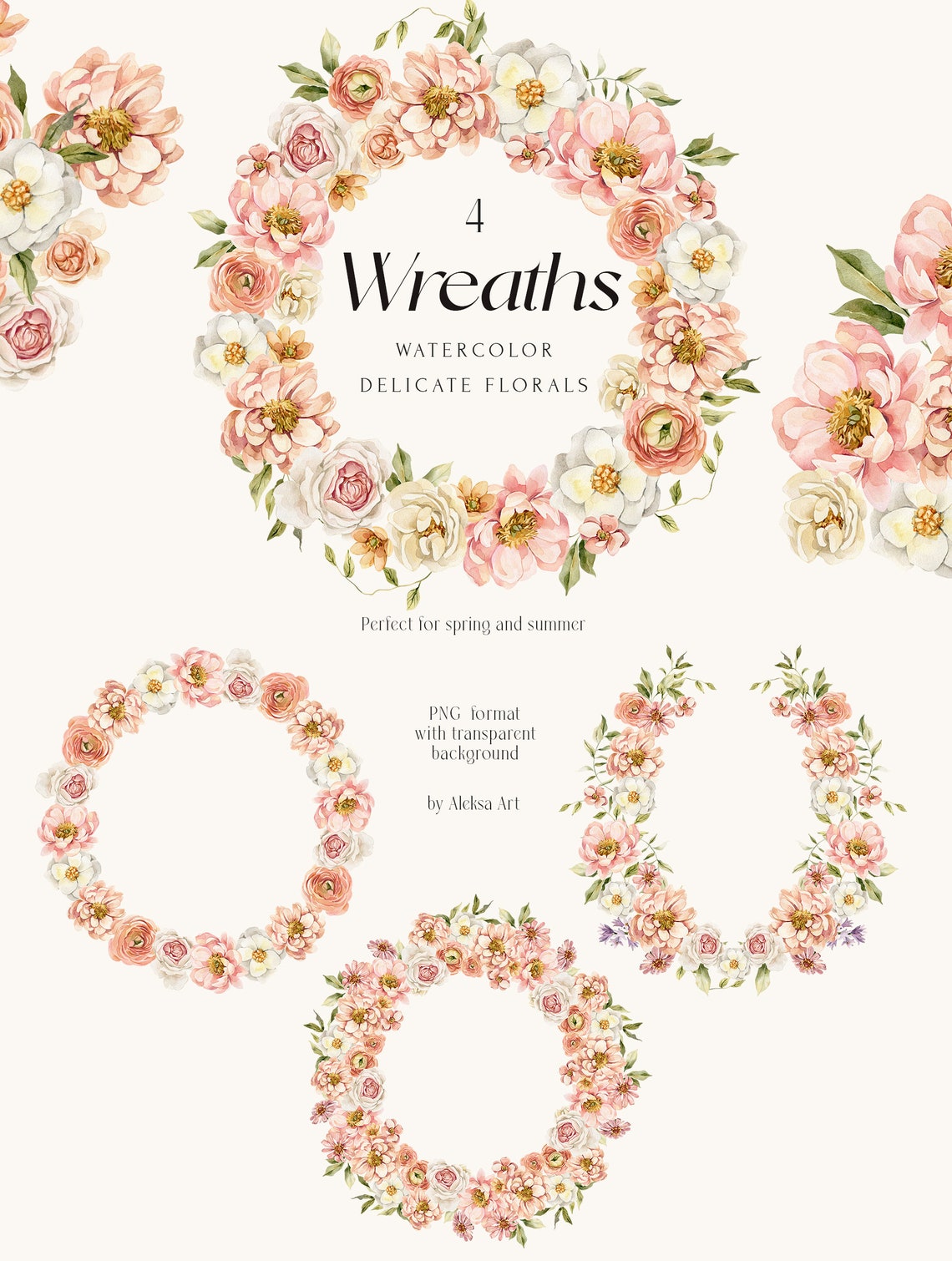 Watercolor Peach Fuzz Floral Wreaths Clipart Spring Roses Blush ...