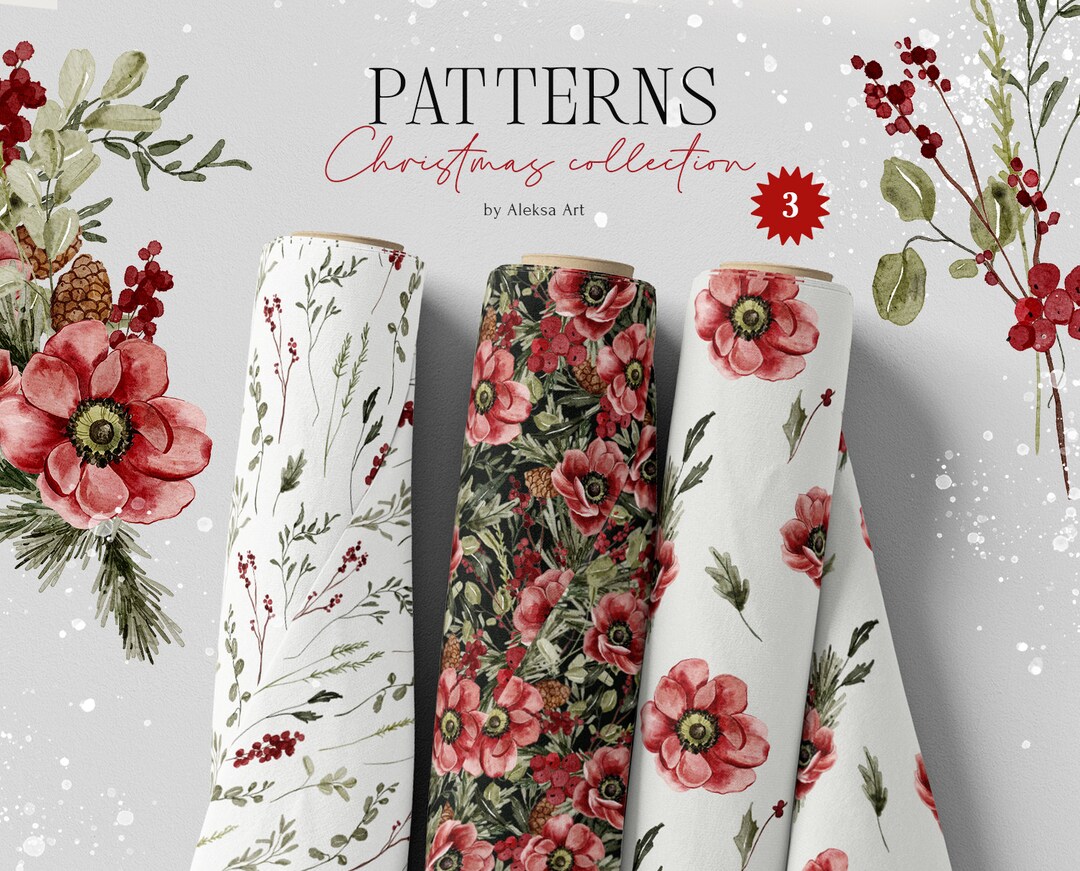 Watercolor Christmas Seamless Pattern Clip Art Winter Flowers Xmas ...